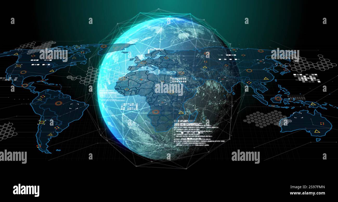 Digital world map and data visualization image over rotating globe. Global, technology, earth ...