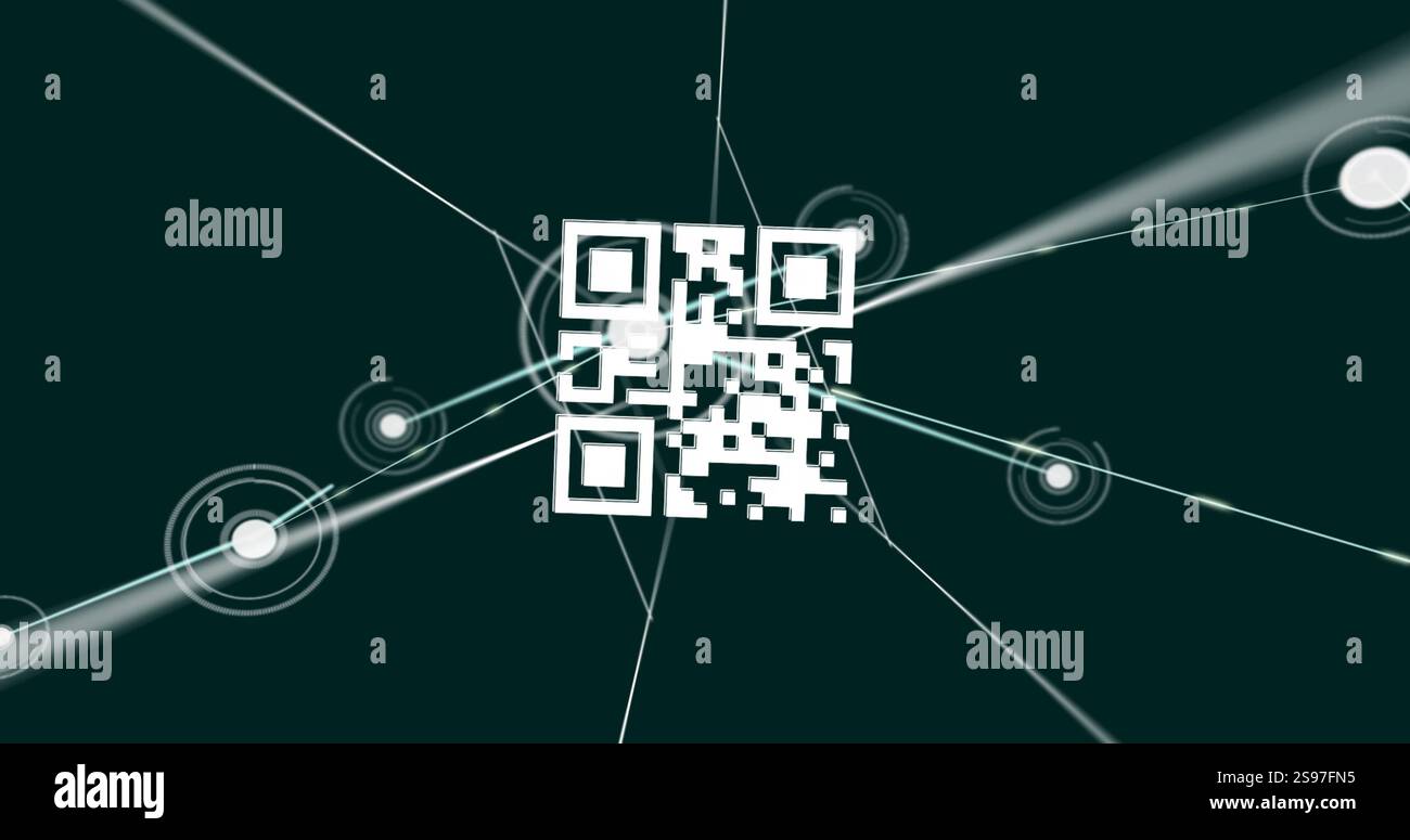 QR code and network connections image over dark green background Stock ...