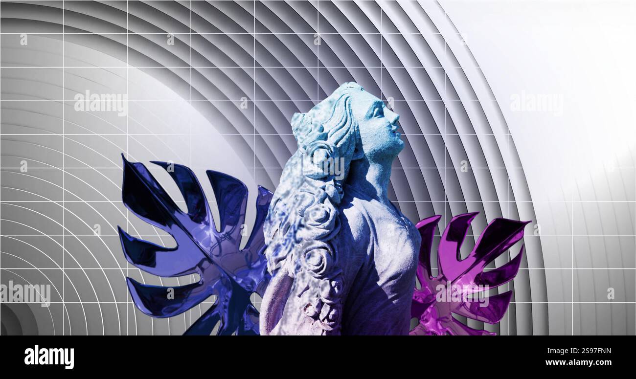 Abstract geometric shapes and grid image over statue with colorful ...