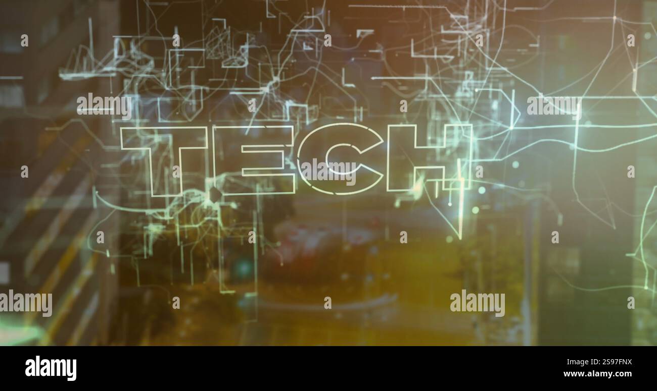 Image of tech text with connections over cityscape Stock Photo - Alamy