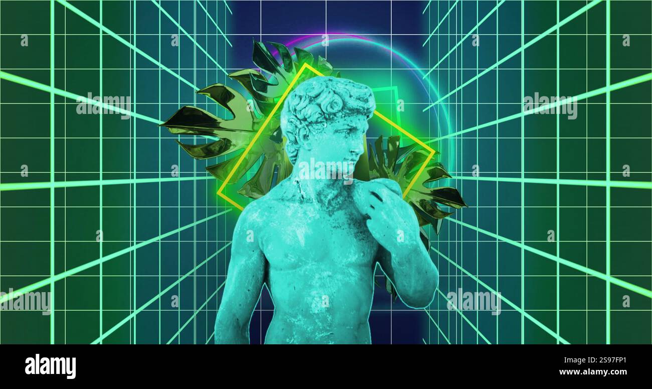 Green statue with geometric shapes and grid background, digital art ...