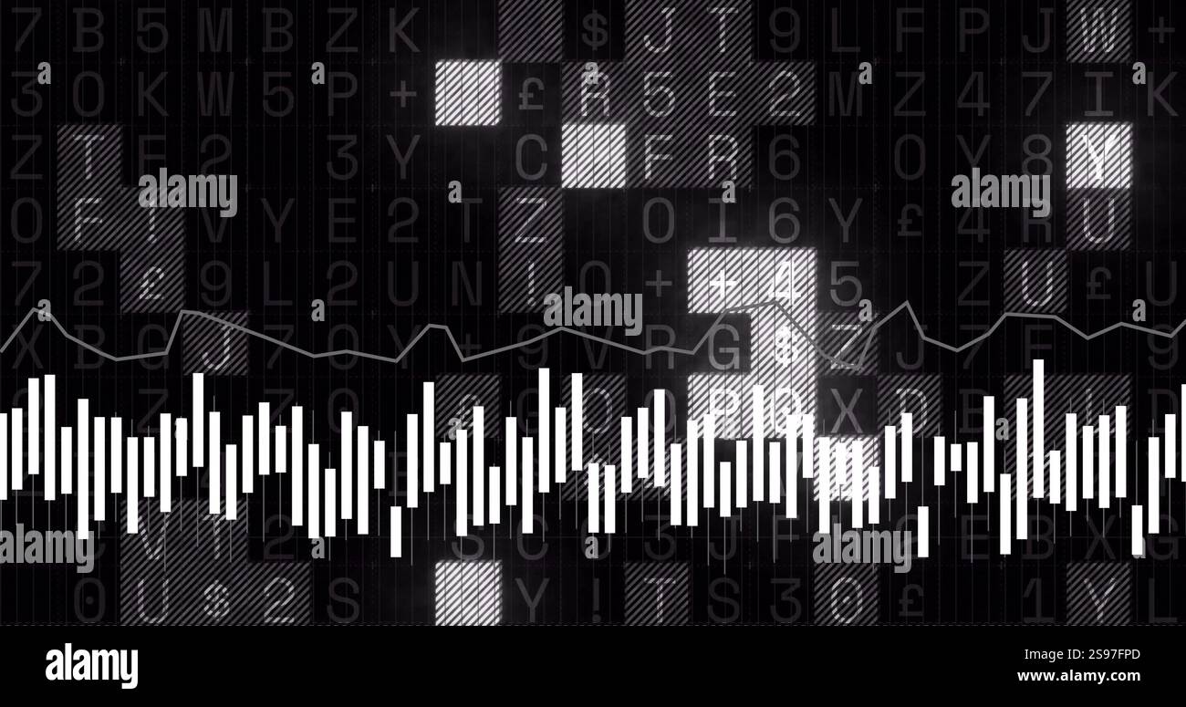 Financial data analysis image over fluctuating bar and line graphs Stock Photo - Alamy