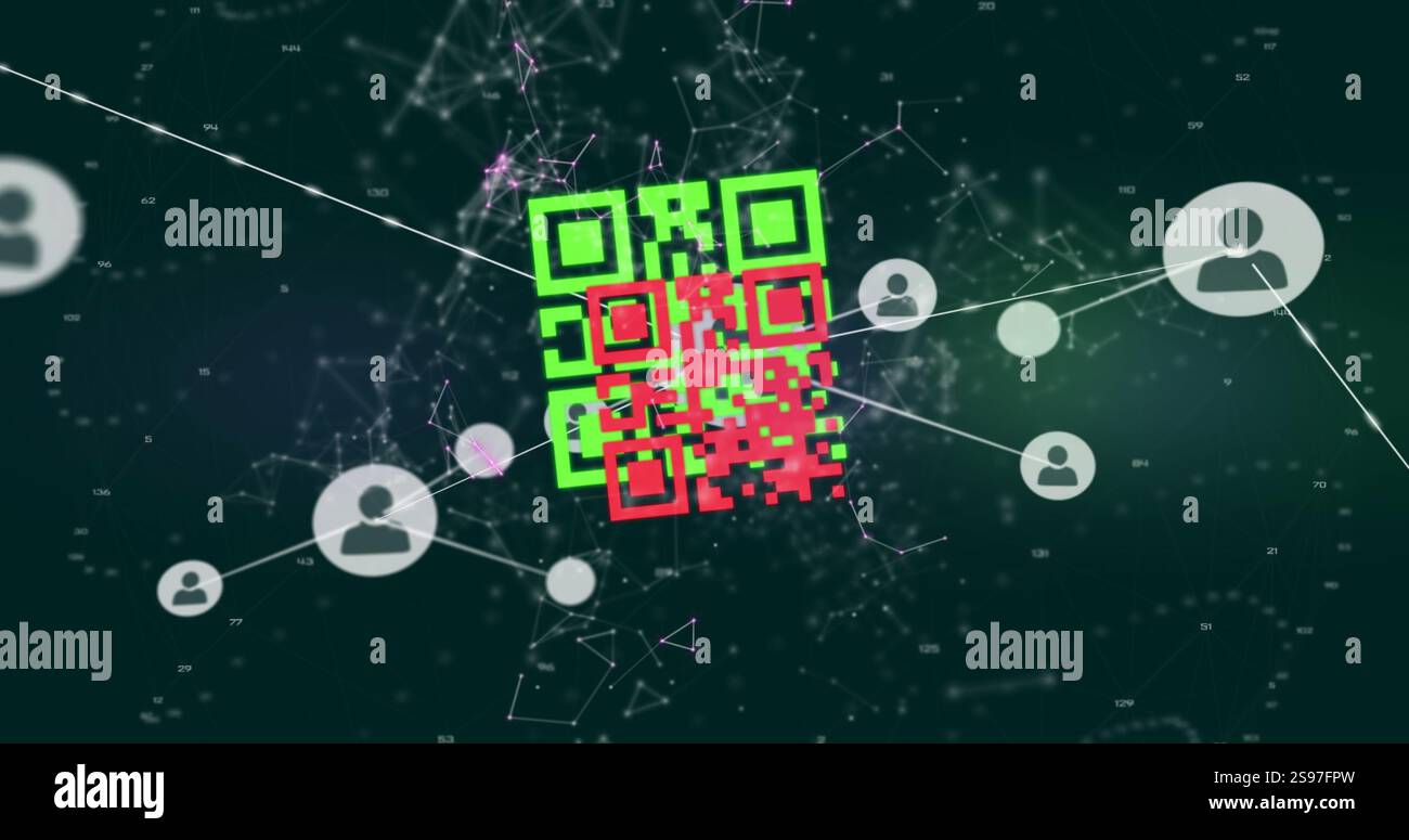 QR code and user icons connected by lines, digital network image Stock ...
