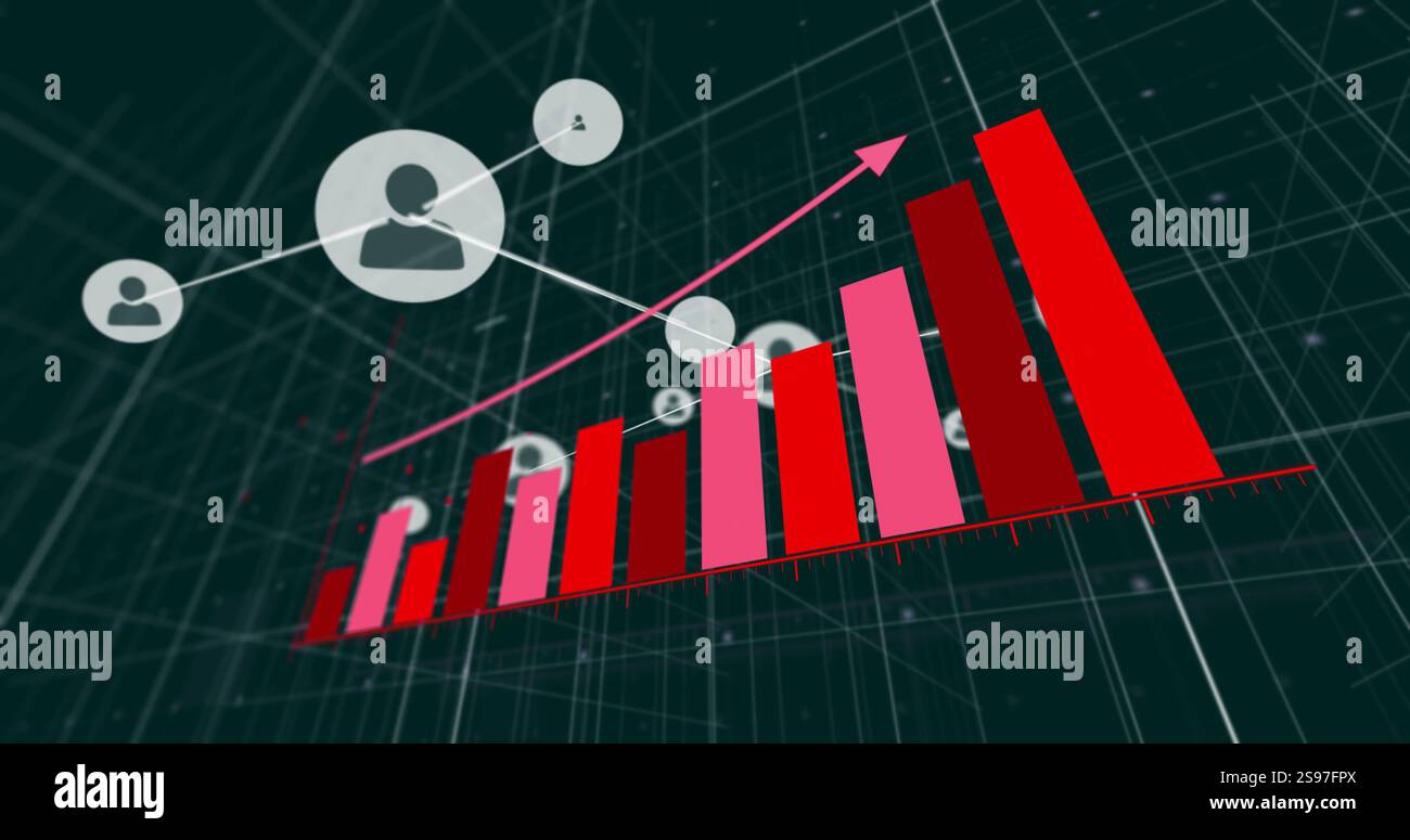Rising bar graph and upward arrow image over network of connected user ...