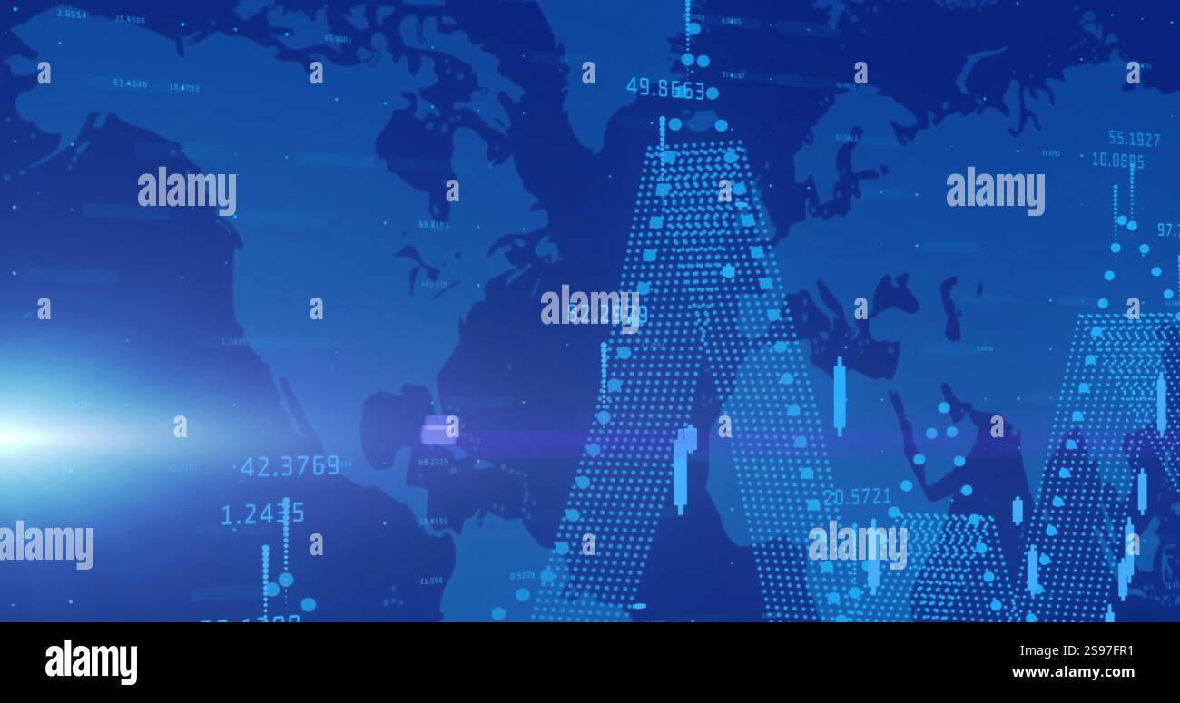 World map with financial data processing and stock market charts image ...