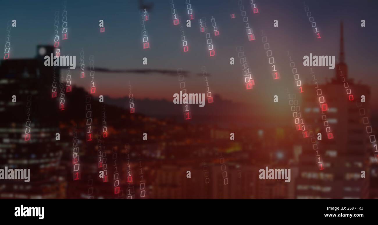 Image of binary coding over cityscape. Global business and digital interface concept digitally ...