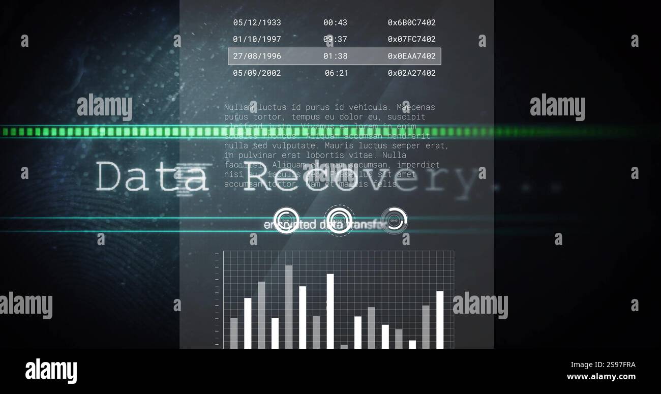 Image of encrypted data transfer over bar and line graphs with text Stock Photo - Alamy
