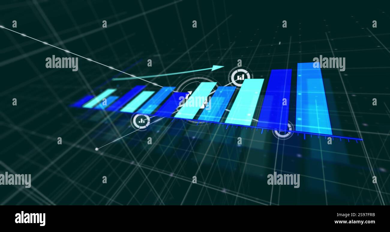 Bar chart and data points image over digital grid background Stock ...