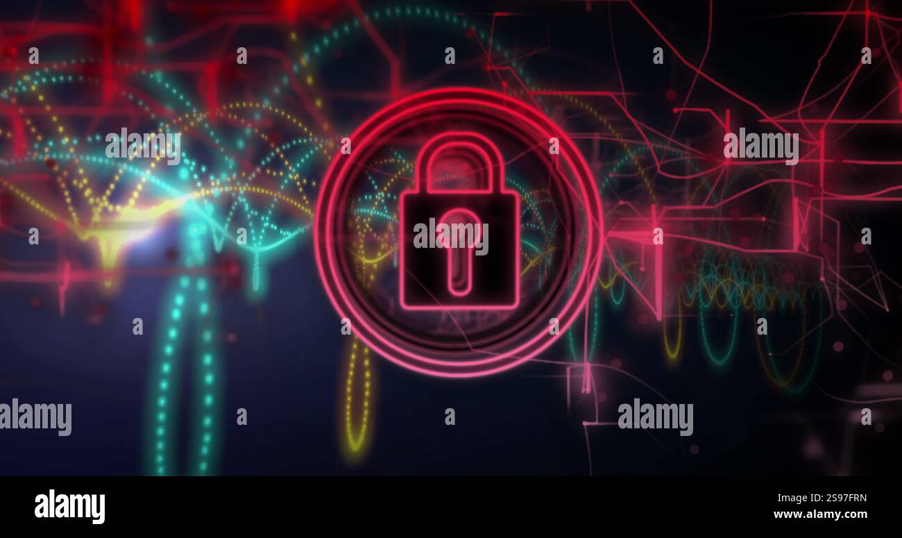 Lock icon image over colorful digital network connections Stock Photo ...