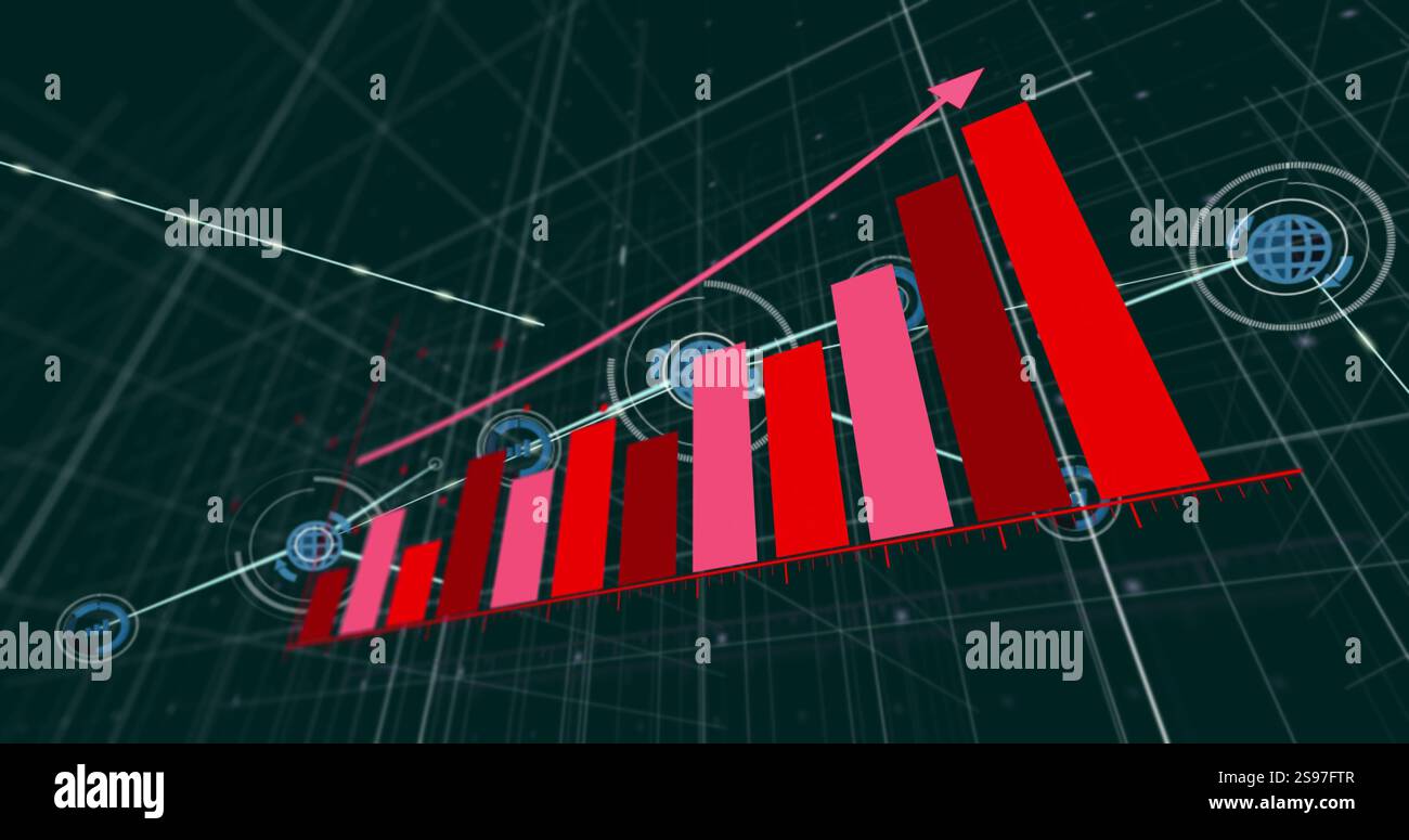 Rising bar chart and upward arrow image over digital grid background ...