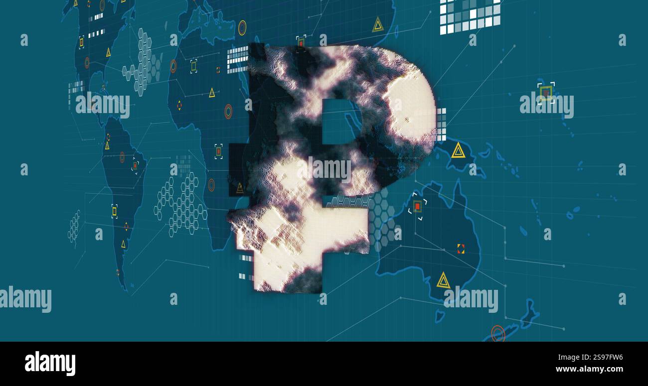 Image of ruble icon over world map and data Stock Photo - Alamy