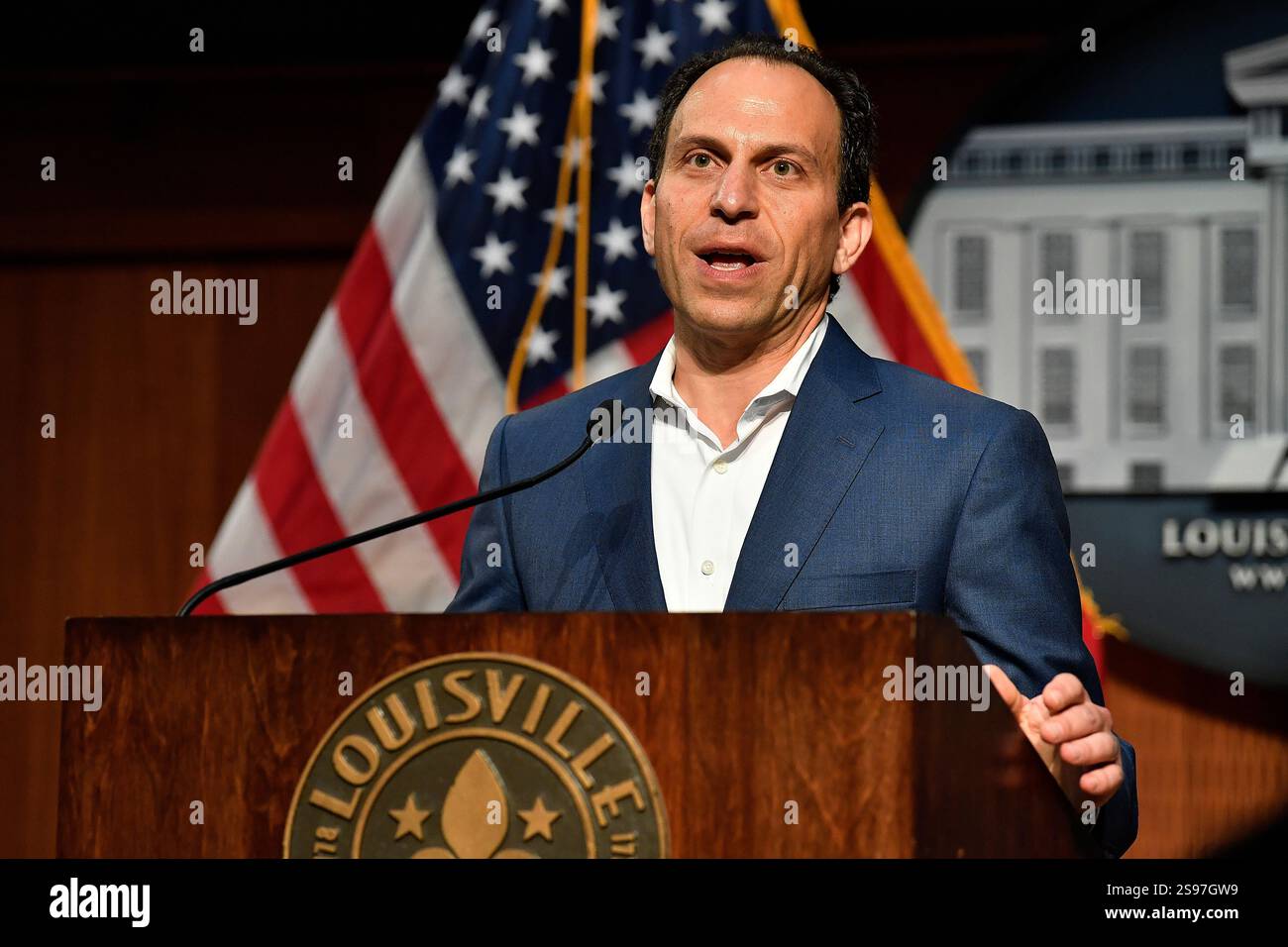 FILE - Louisville Mayor Craig Greenberg speaks to reporter during a ...