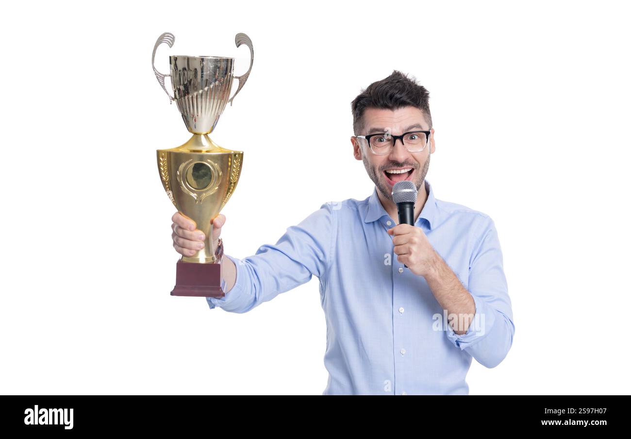 Happy successful businessman man hold champion cup business reward and ...