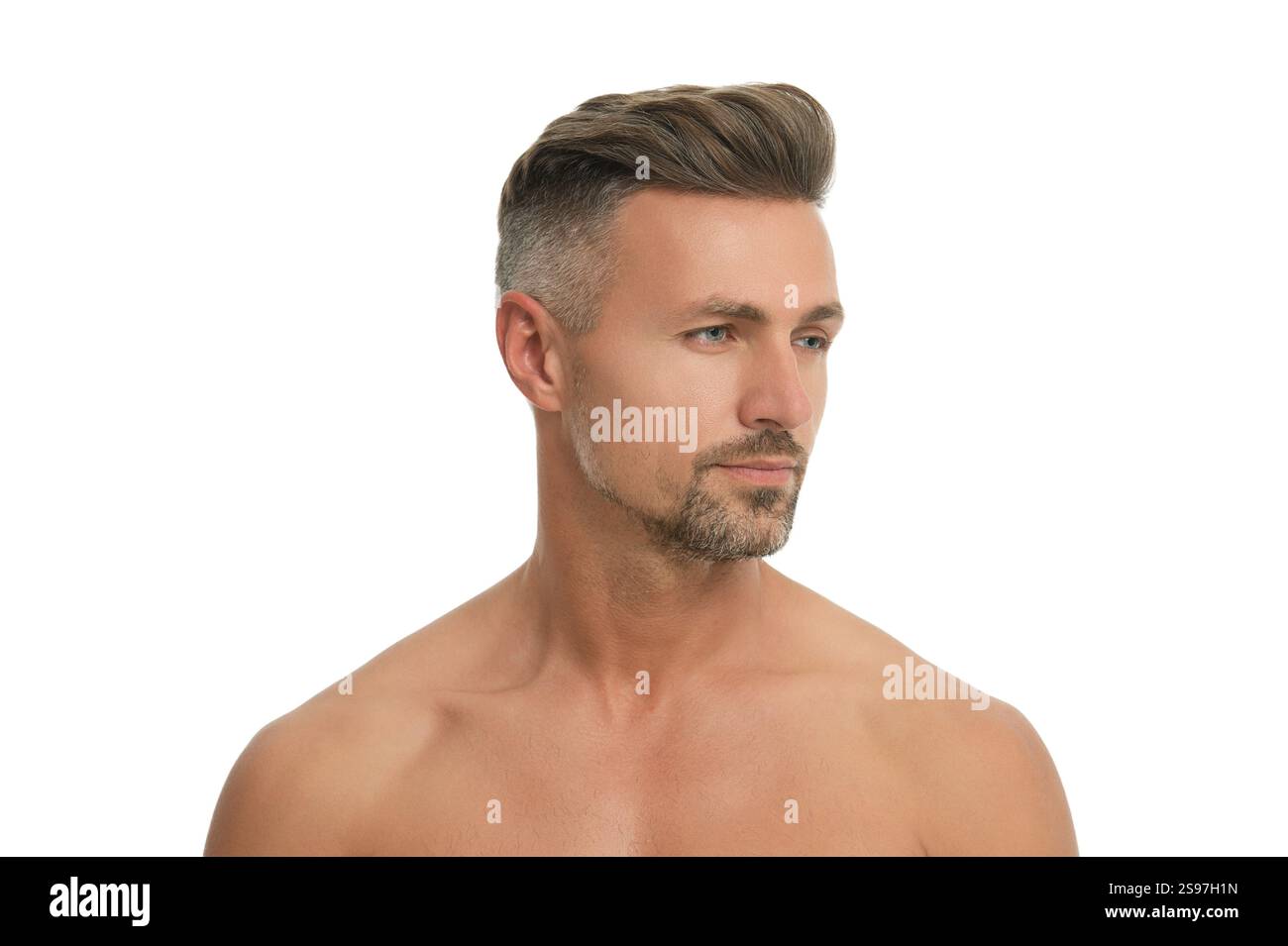 Man face portrait isolated on white. Shaving to have a smooth skin ...