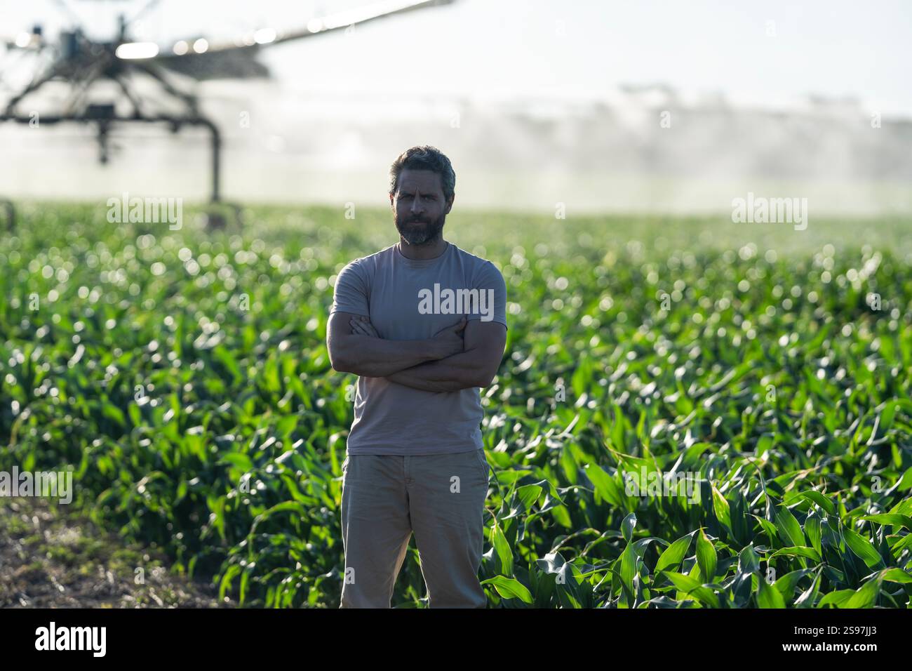 Farmer man in countryside. Water sprinkler irrigating crop field. Drip ...