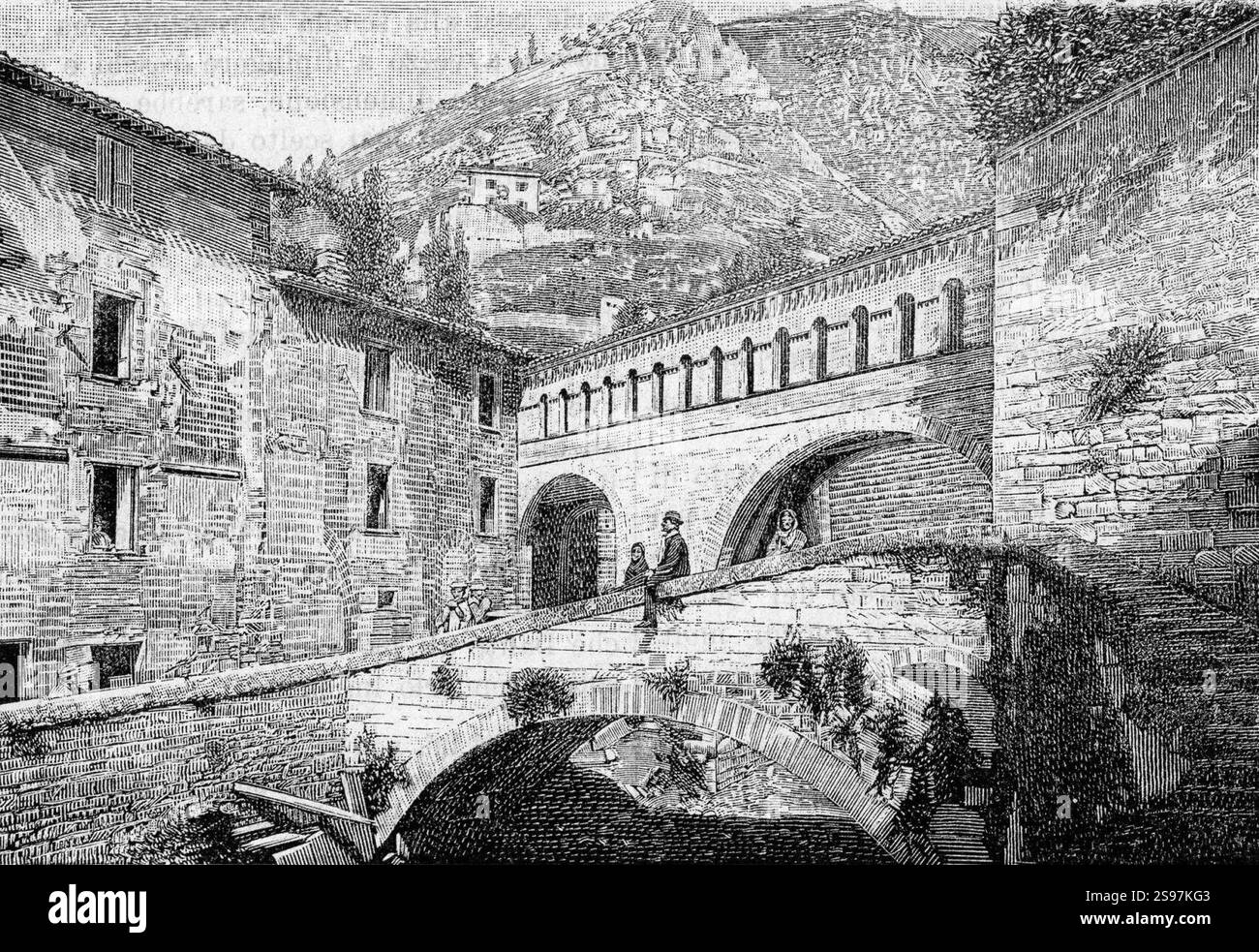 Gubbio, ponte sul canale con veduta del monte Foce (xilografia Stock ...