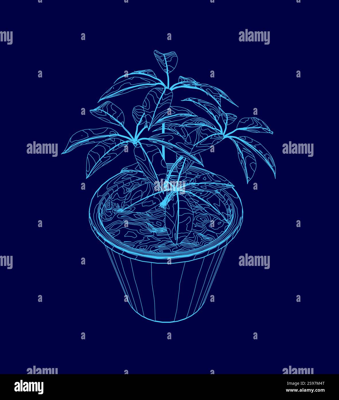 Blue drawing of a plant in a blue pot. The plant is small and has ...
