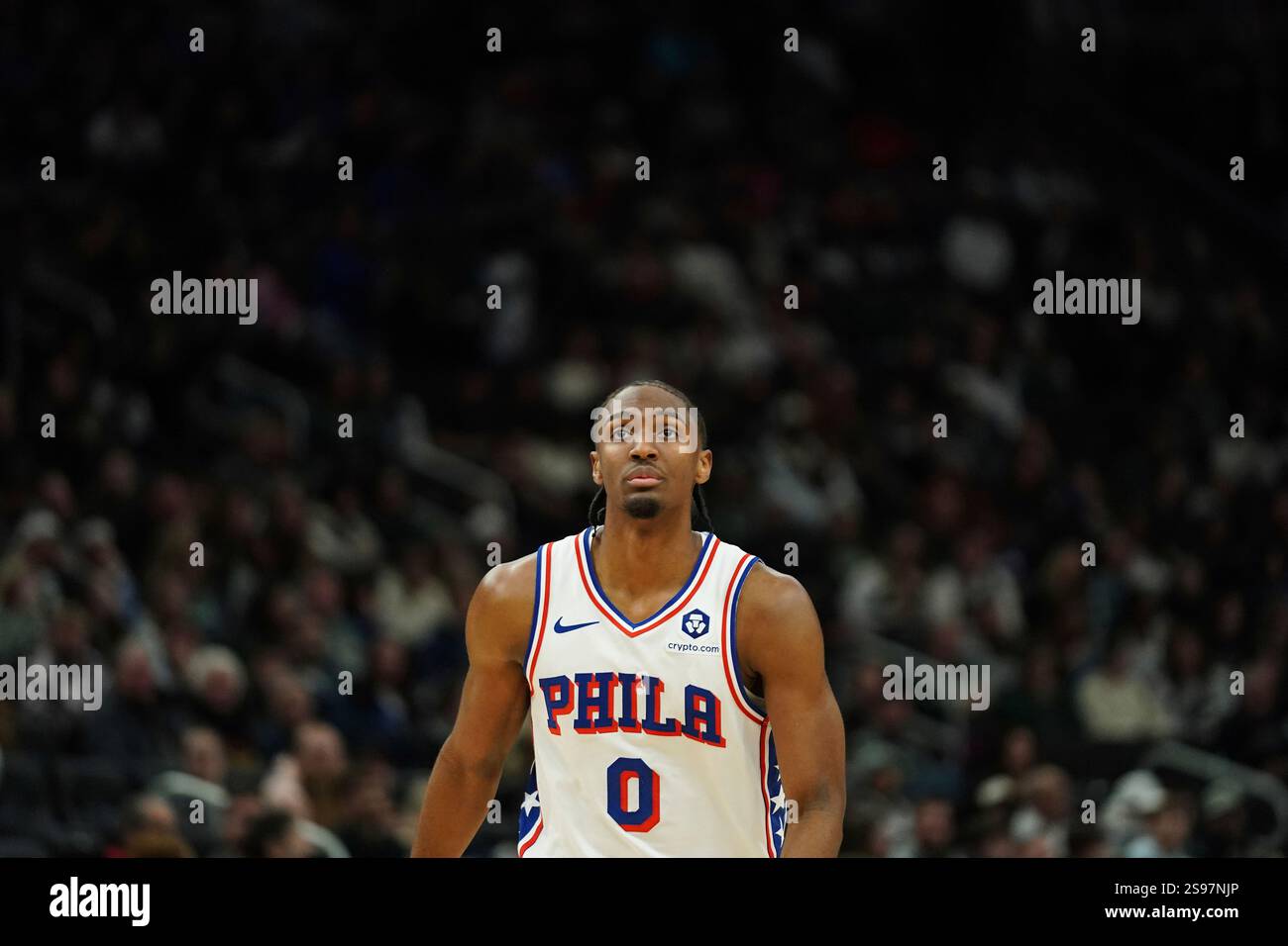 Philadelphia 76ers' Tyrese Maxey watches a free throw during the second ...