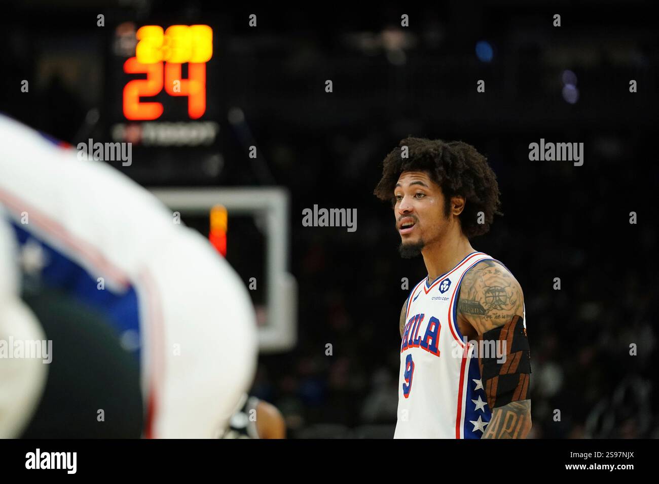 Philadelphia 76ers' Kelly Oubre Jr. reacts during the second half of an ...