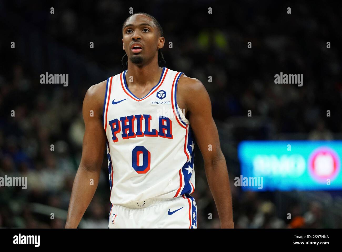 Philadelphia 76ers' Tyrese Maxey watches a free throw during the second ...