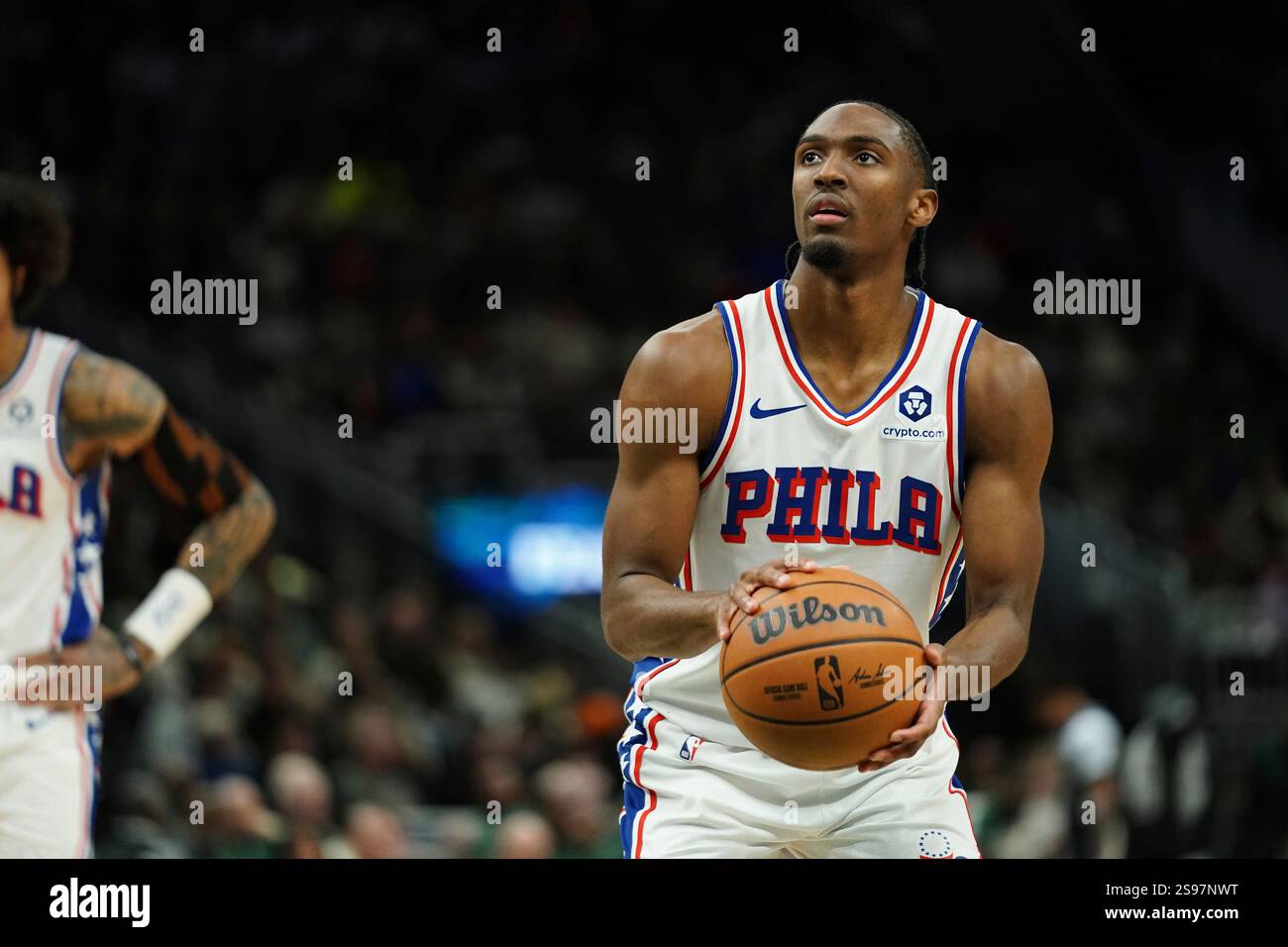 Philadelphia 76ers' Tyrese Maxey shoots a free throw during the first ...