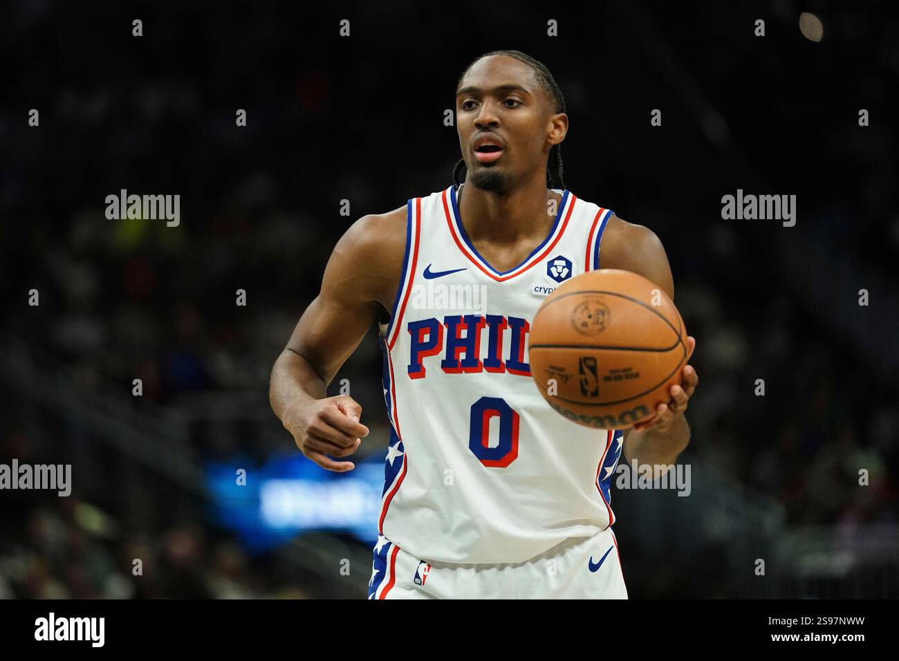 Philadelphia 76ers' Tyrese Maxey shoots a free throw during the first ...