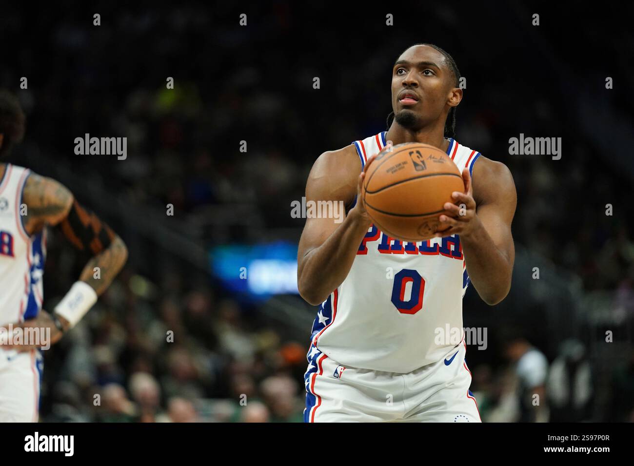Philadelphia 76ers' Tyrese Maxey shoots a free throw during the first ...