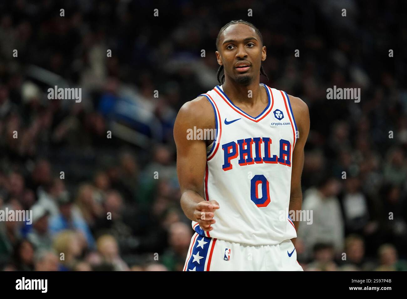 Philadelphia 76ers' Tyrese Maxey gestures during the second half of an ...