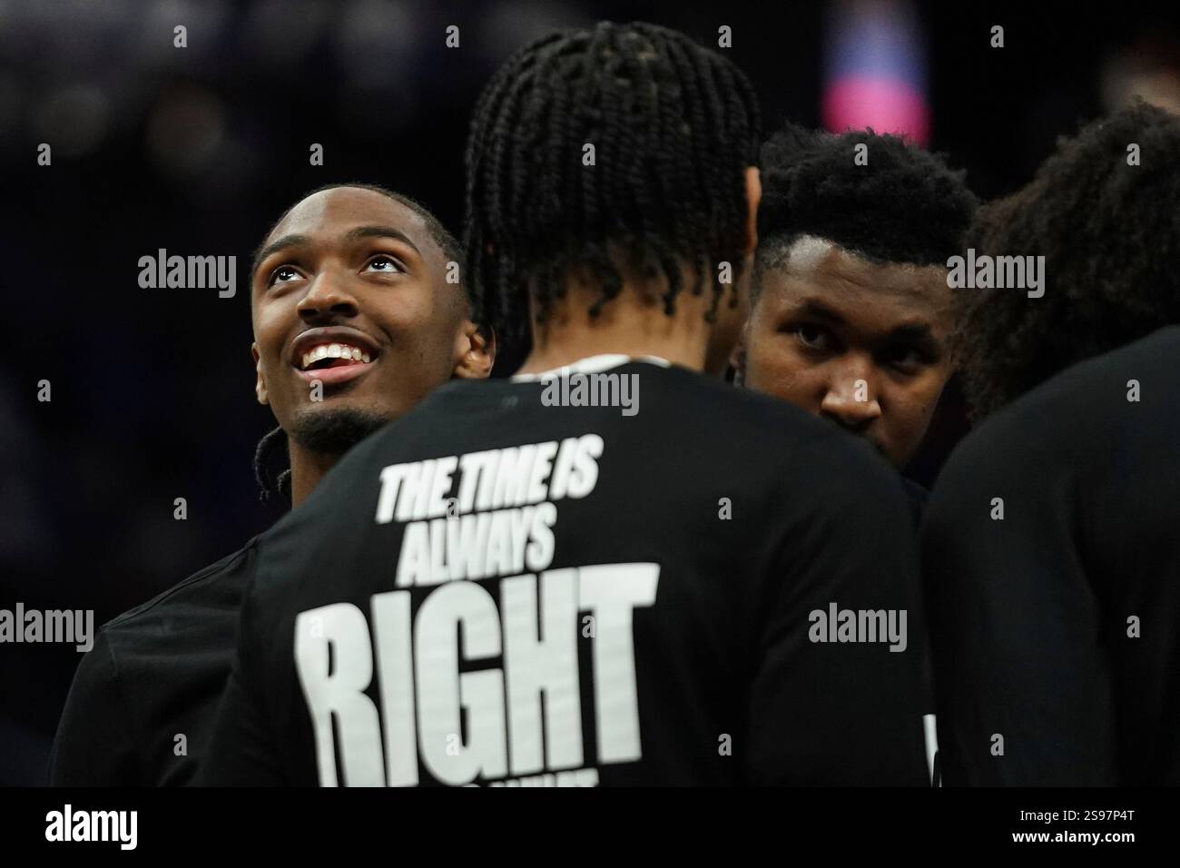 Philadelphia 76ers' Tyrese Maxey smiles before an NBA basketball game ...