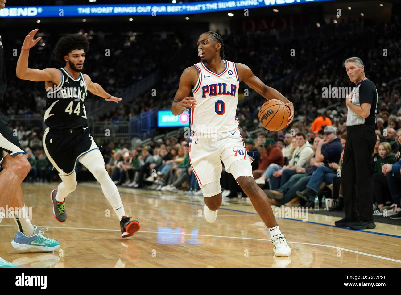 Philadelphia 76ers' Tyrese Maxey drives to the basket against Milwaukee ...