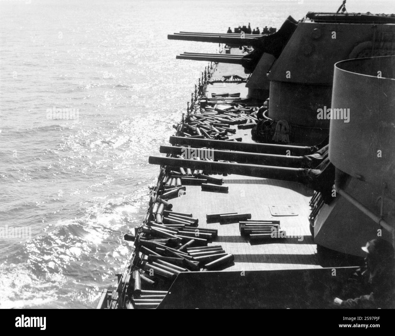 Guns and shell casings on board USS Brooklyn (CL-40) during Sicily ...