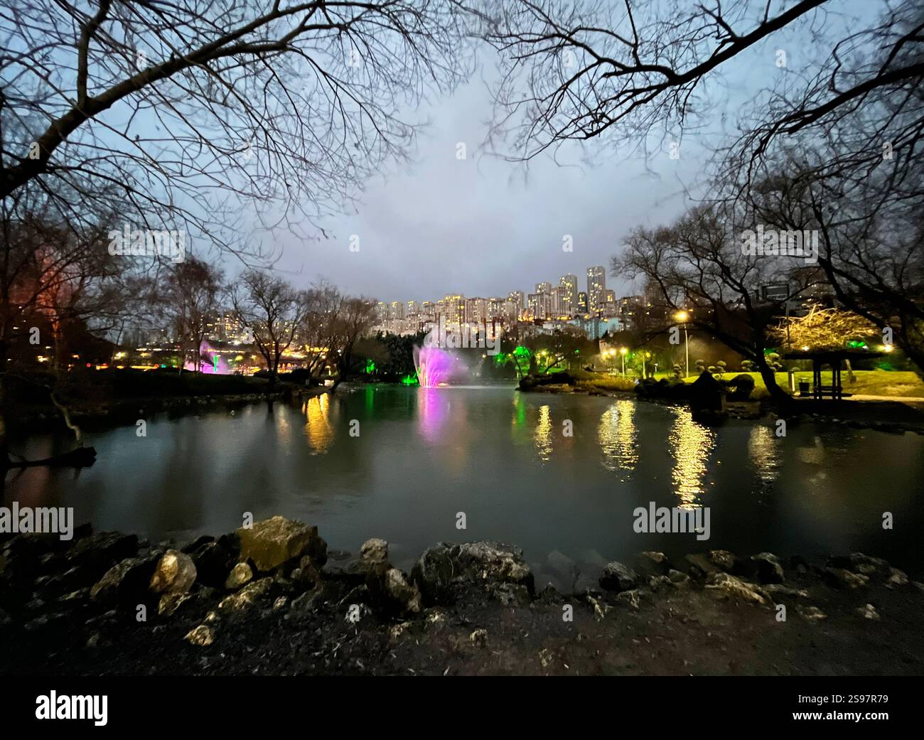 Artificial lake park view at night in Istanbul, Turkey Stock Photo - Alamy