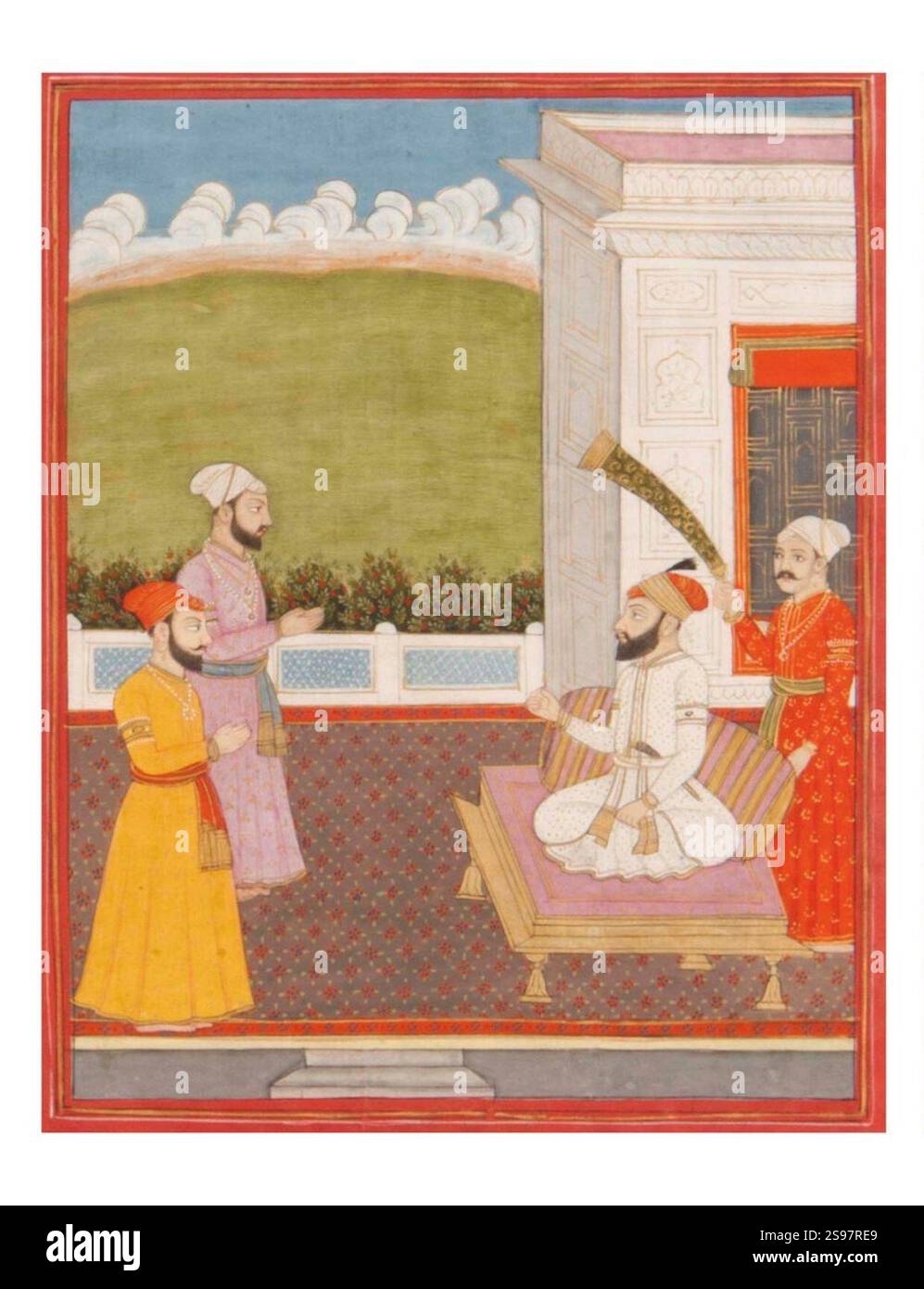 Guru Gobind Singh, the tenth Sikh Guru, in discussion with two Sikhs. Janamsakhi painting Stock ...