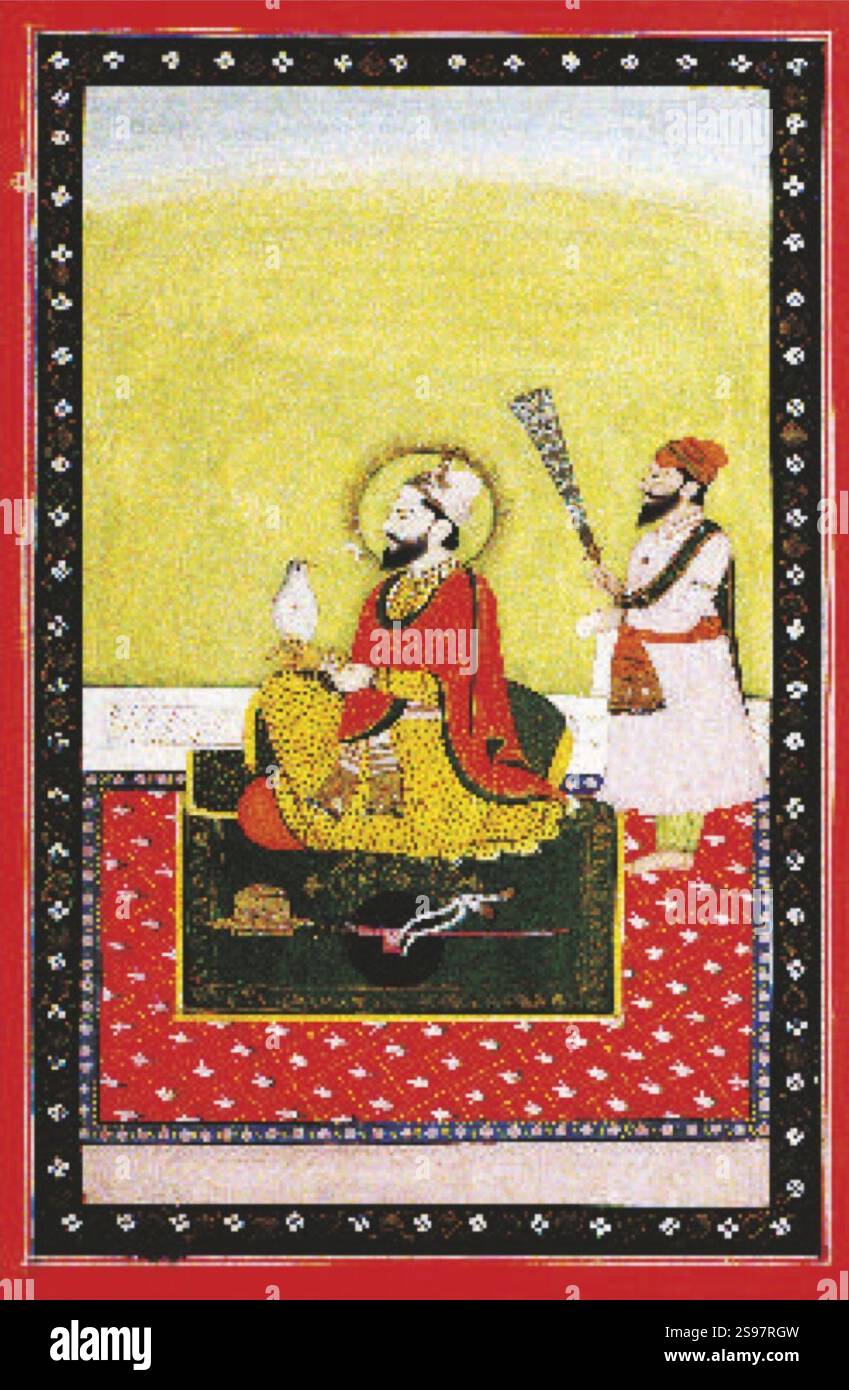 Guru Hargobind seated holding bird of prey and red cloak with fly-whisk ...
