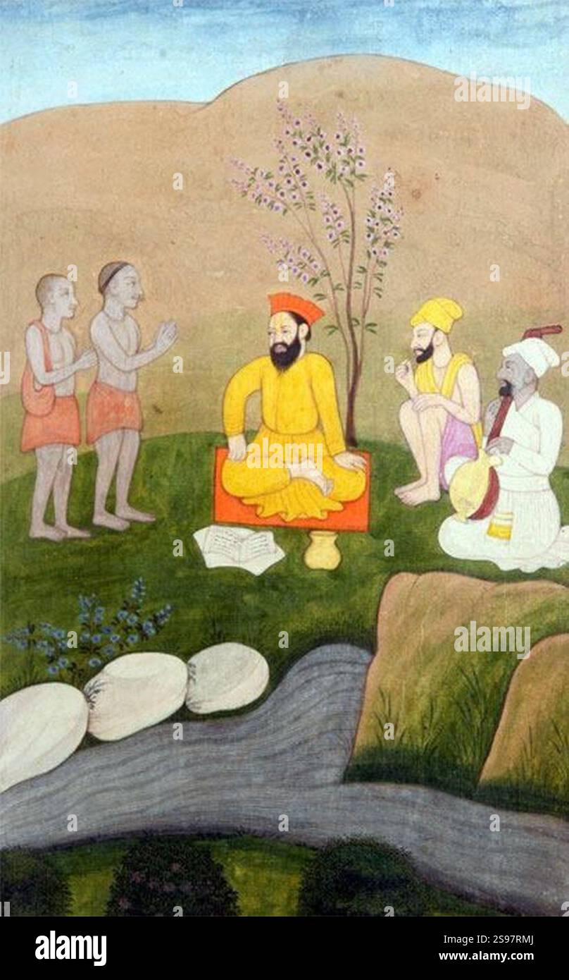 Guru Nanak under a small tree and near a stream, Janamsakhi painting 01 ...