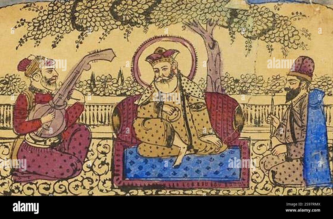Guru Nanak sitting under a tree flanked on each side by Mardana and Bala Stock Photo - Alamy