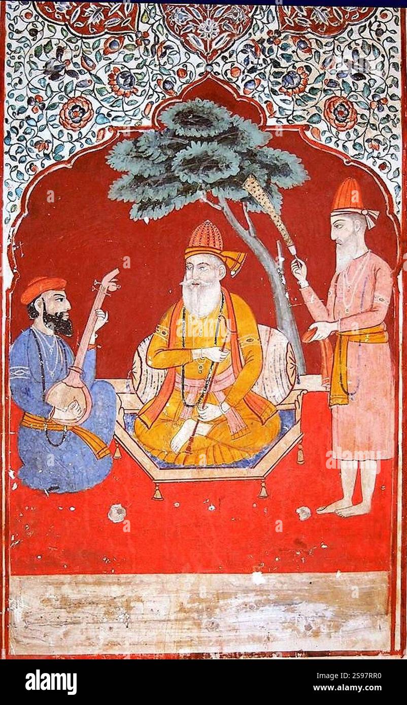 Guru Nanak, Bhai Mardana, and Bhai Bala under a tree with a red backdrop Stock Photo - Alamy
