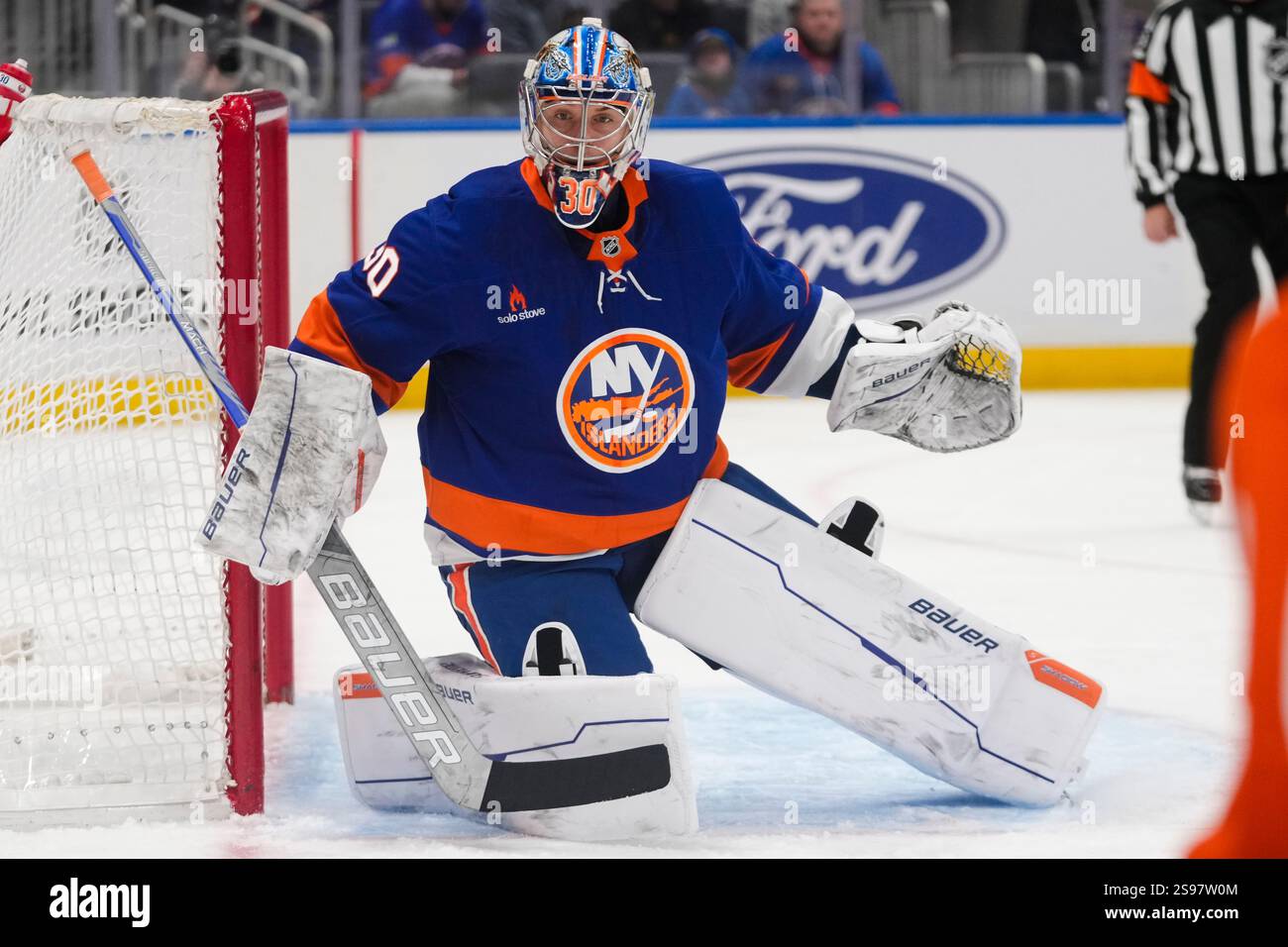 New York Islanders goaltender Ilya Sorokin (30) protects the net during ...