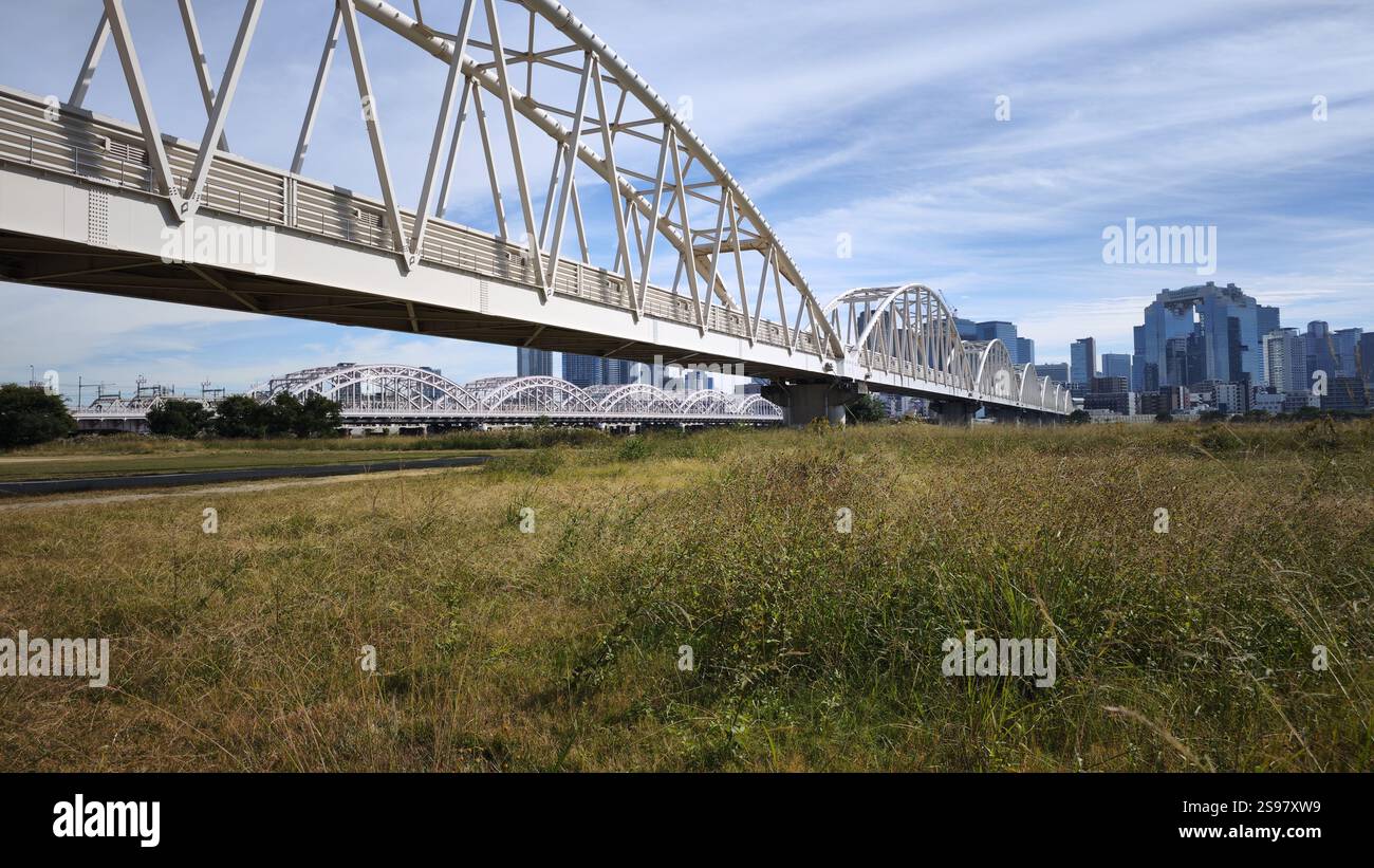 Bridges over Yodo River with Osaka Umeda skyline Stock Photo - Alamy