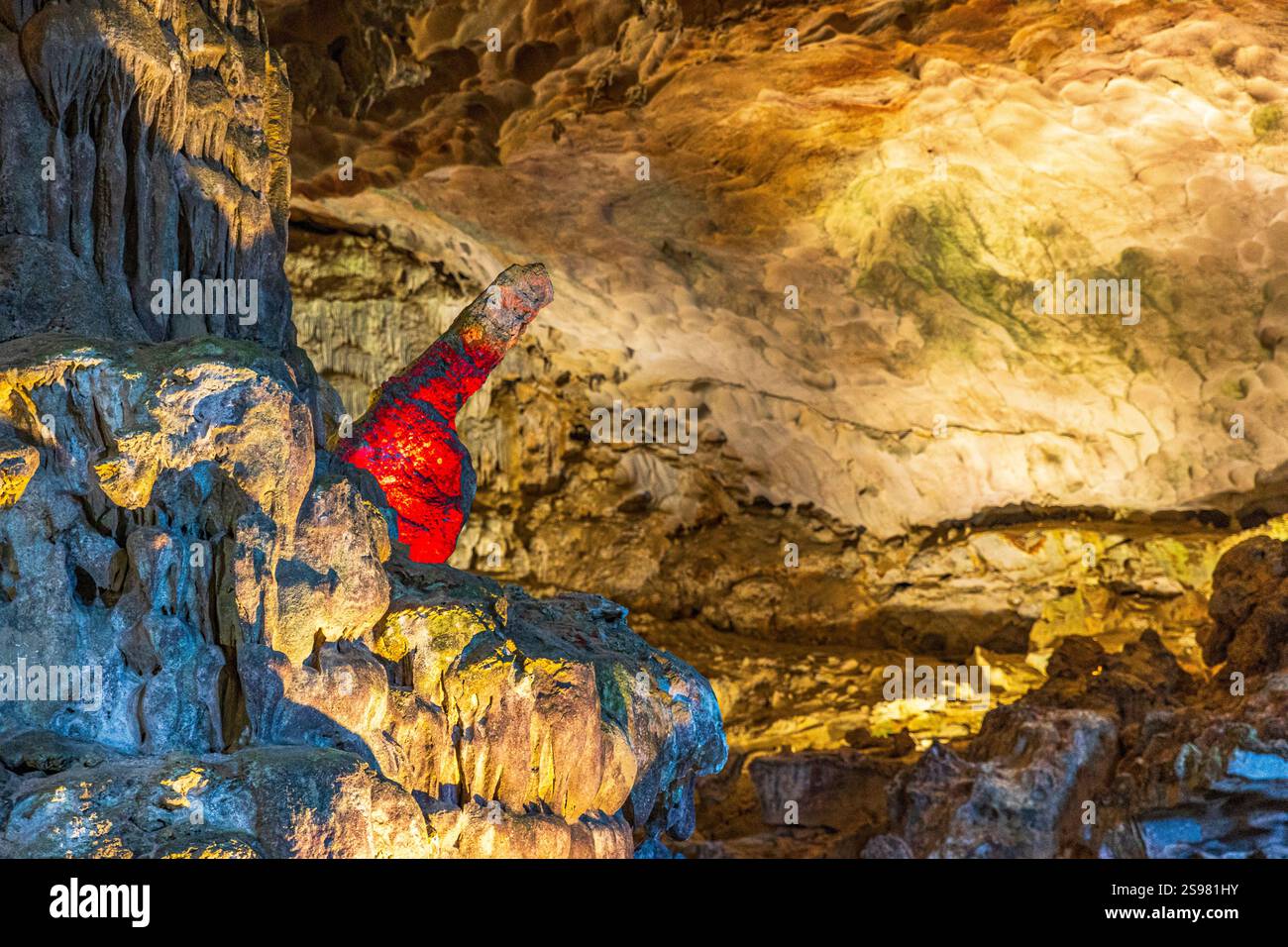 Underground cave formations illuminated by colourful lights in Sung Sot ...