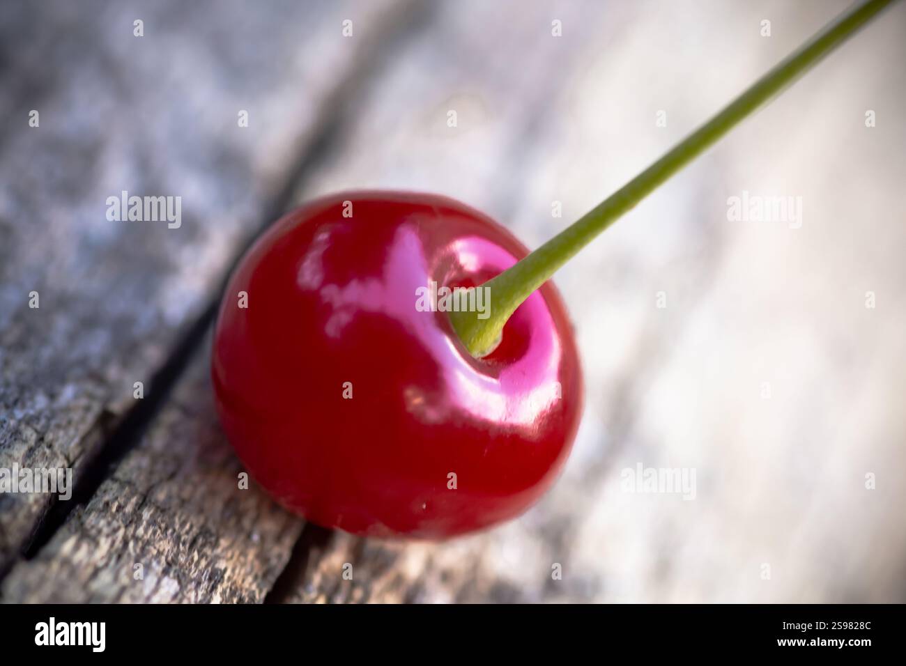 A bright red cherry sits on a rustic wooden surface, highlighting its ...