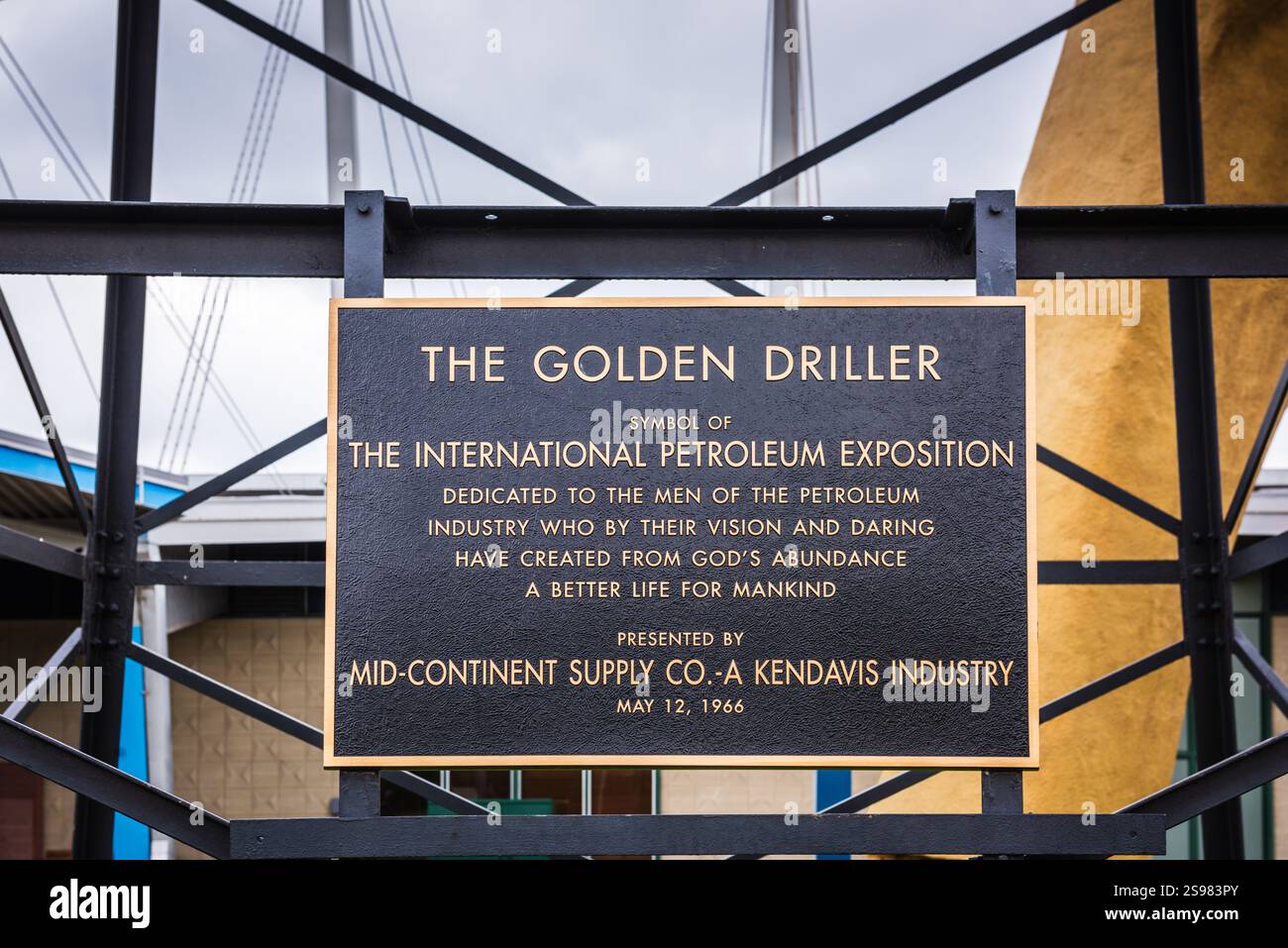 Tulsa, OK USA - May 1, 2018: Sign for the Golden Driller, a 76-foot ...