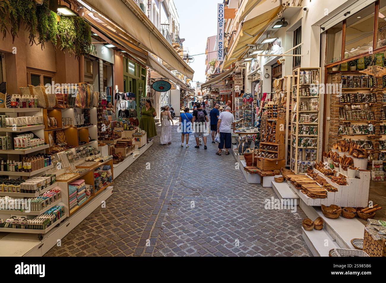 Chania - Crete - August 17 2024; Typically narrow cobbled street ...