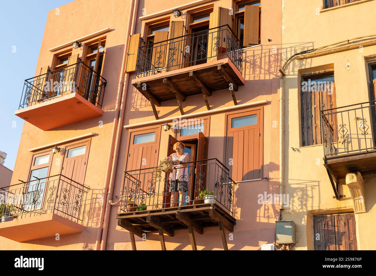 Chania Crete - August 16 2024; Early morning Street view of Typical ...