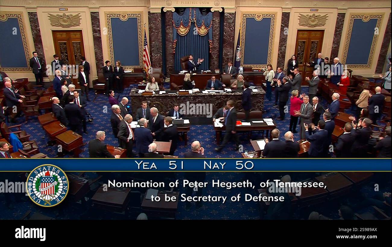 In this image provided by Senate Television, the vote total is shown after Vice President JD ...