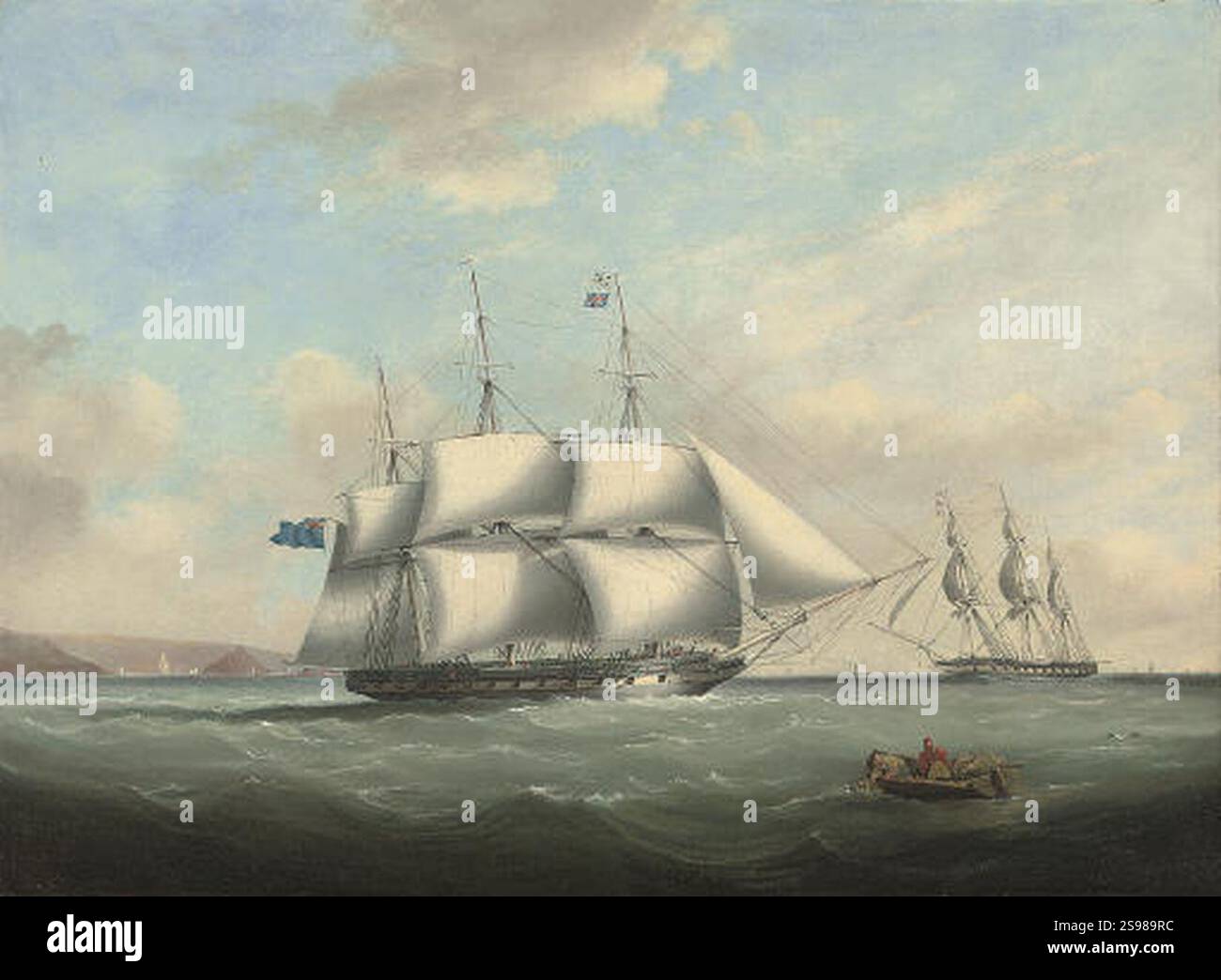 H.M.S. Pique emerging from Plymouth Sound and exchanging signals with ...