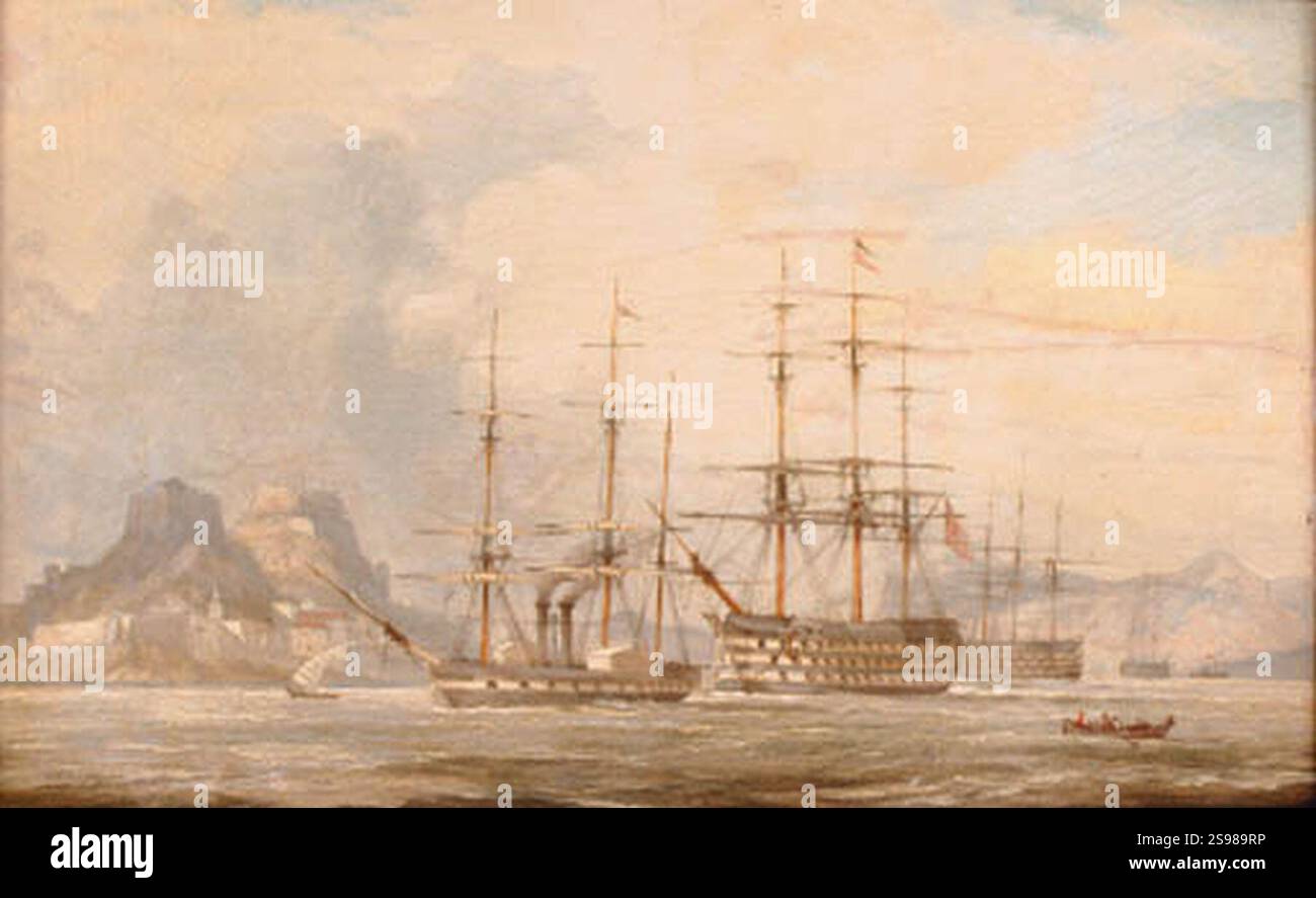 H.M.S. Princess Royal under tow by the paddle frigate Leopard off Corfu ...