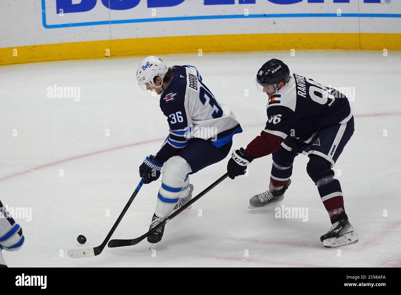 Winnipeg Jets center Morgan Barron (36) and Colorado Avalanche right ...