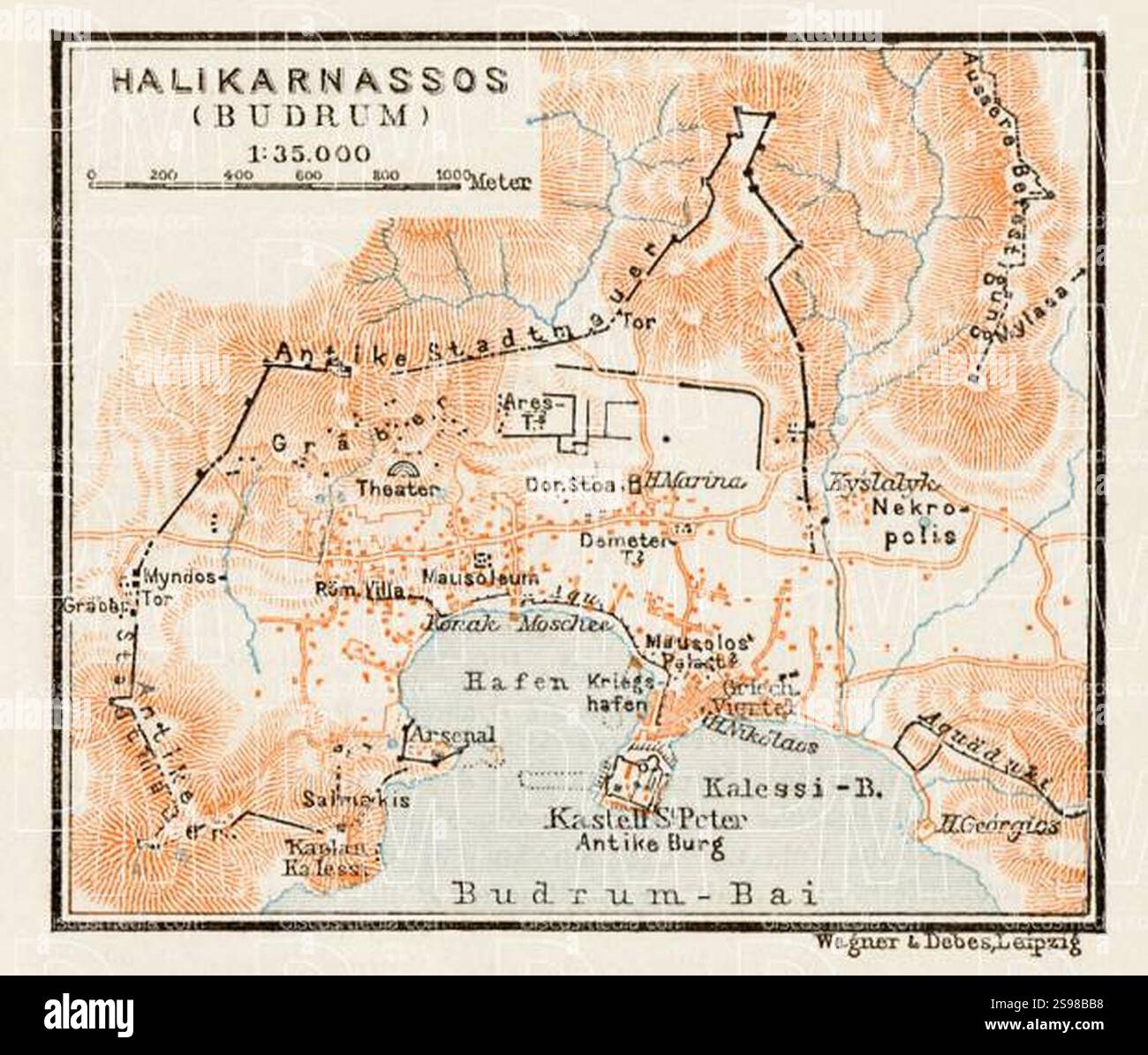 Halicarnassus (Halikarnassós, Bodrum), ancient site map, 1914 Stock ...