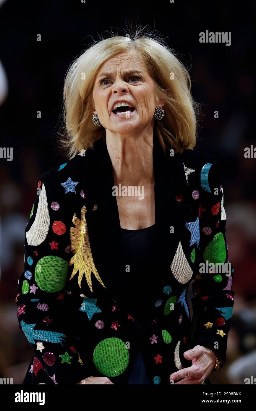 LSU head coach Kim Mulkey yells at an officer during the first half of ...